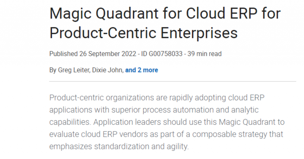 Magic Quadrant for Cloud ERP - Breis Tech